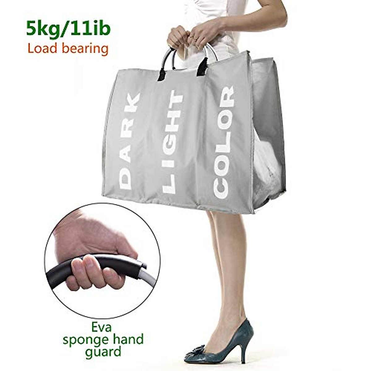 IHOMAGIC 3 Sections Large Laundry Hamper, Laundry Bag Collapsible, Foldable Fabric Clothes Sorter Storage Bag with Carry Handles for Dirty Clothes for Home Bathroom Dormitory 85L 23.6x12.6in Grey