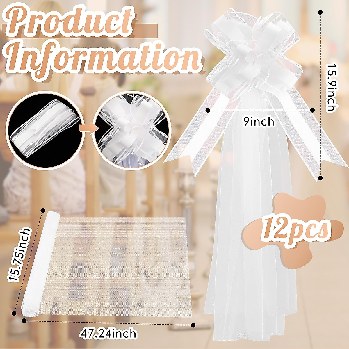 FineCheer 12 Set Large Wedding Pew Bows with Long Tulle Tails Wedding Pew Bows Church Chair Aisle Decorations Wedding Car Decoration Big Bows for Bridal Shower Reception Birthday Anniversary(White)