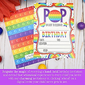 Pop On Over Popper Toy Fidget Themed Birthday Party Invitations for Kids, 20 5x7 Fill In Cards with Twenty White Envelopes by AmandaCreation