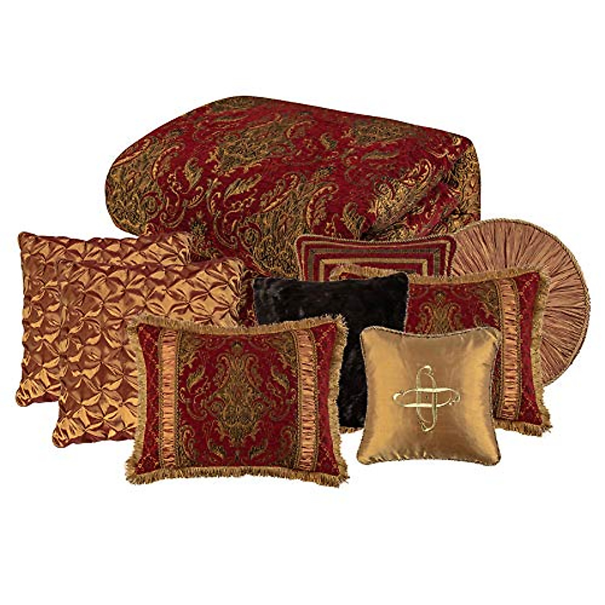 Loom and Mill 13-Piece Comforter Bed in a Bag, Classic Damask Jacquard Comforter Sets King, Luxury Bedding Set with Bed Skirt, Euro Shams and Decorative Pillows, All Season(Florence, King) Red