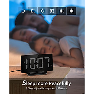 GOLOZA Digital Alarm Clock for Bedroom, Digital Clock with Modern Curved Design, Conspicuous White LED Numbers, 5 Levels Brightness+Off, 2 Volume, 3 Alarm Tones, Snooze,Power-Off Memory,12/24H