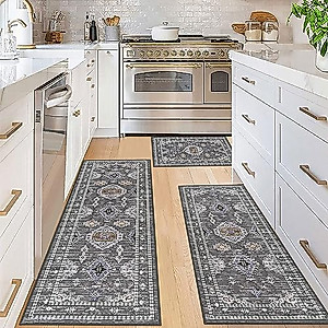 Ileading Vintage Kitchen Rug Sets 3 Piece with Runner Grey Kitchen Floor Mat Carpets Boho Kitchen Rugs and Mats Washable Kitchen Area Rug for Kitchen Floor Hallway Living Room Laundry