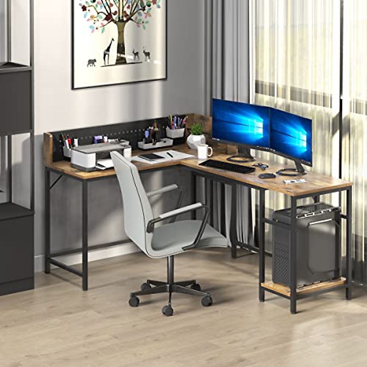NSdirect Computer Desk,55" Home Office Desk with Bookshelf Industrial Study Writing Table with Space Saving Design Modern Simple Style Laptop Table (Rustic Brown)