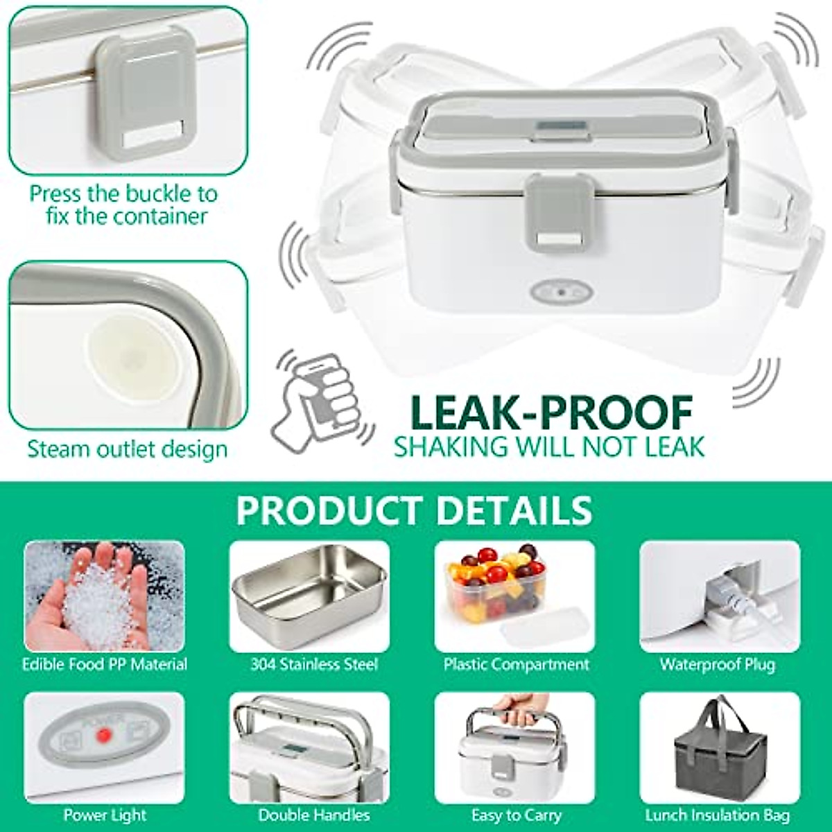 WinGaYe Electric Lunch Box 60W Faster Food Warmer, 1.8L Larger Self Heating Lunch Box,12V 24V 110V Portable Food Heater for Car Truck Work,Leakproof Removable Container with Cutlery for Adults