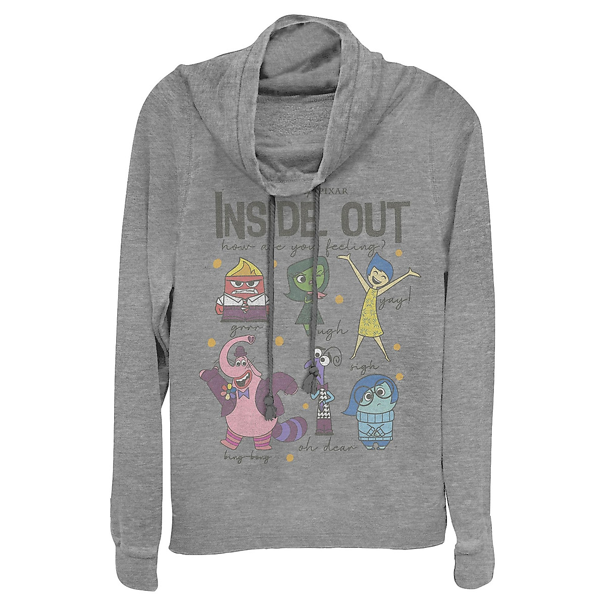 Pixar Inside Out Feels Women's Cowl Neck Long Sleeve Knit Top, Gray Heather, Large