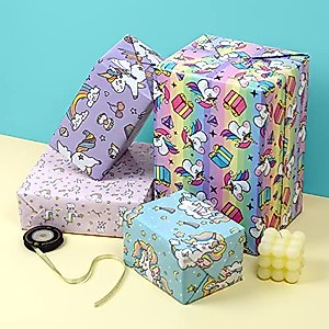 FIEHALA Flat Wrapping Paper Sheets - 8 Sheets with 4 Unicorn Patterns - Pre Cut & Folded Flat Design (20 inches × 27.5 inches per sheet)
