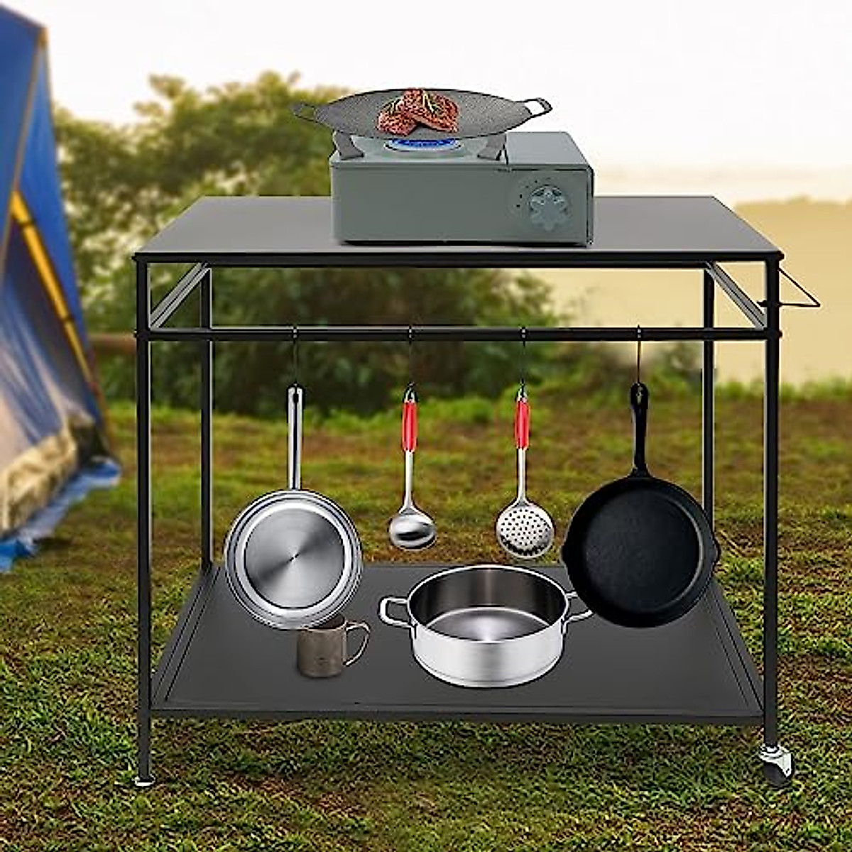 Outdoor Grill Cart, Stainless Steel Double-Shelf Movable Dining Cart Outdoor BBQ Food Preparation Table Kitchen Picnic Worktable for Backyard Grilling, BBQ, Party (Black)