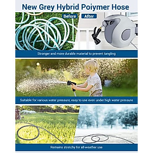 DEWENWILS Retractable Garden Hose Reel, 1/2"×100ft Wall Mount Hose Reel, with 7-Pattern Spray Nozzle, Any Length Lock, 180°Swivel Bracket, Auto Rewind Hybrid Water Hose Reel for Outdoor Watering