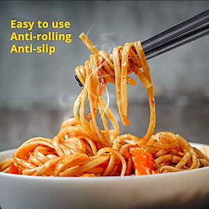 Lourmet 10 Pair Fiberglass Chopsticks – 9.5 Inches Long Reusable Chopsticks Dishwasher Safe for Asian Food, Light Weight Japanese Chopsticks Strong Grip Sturdy Material – Black Silver Chopsticks Set