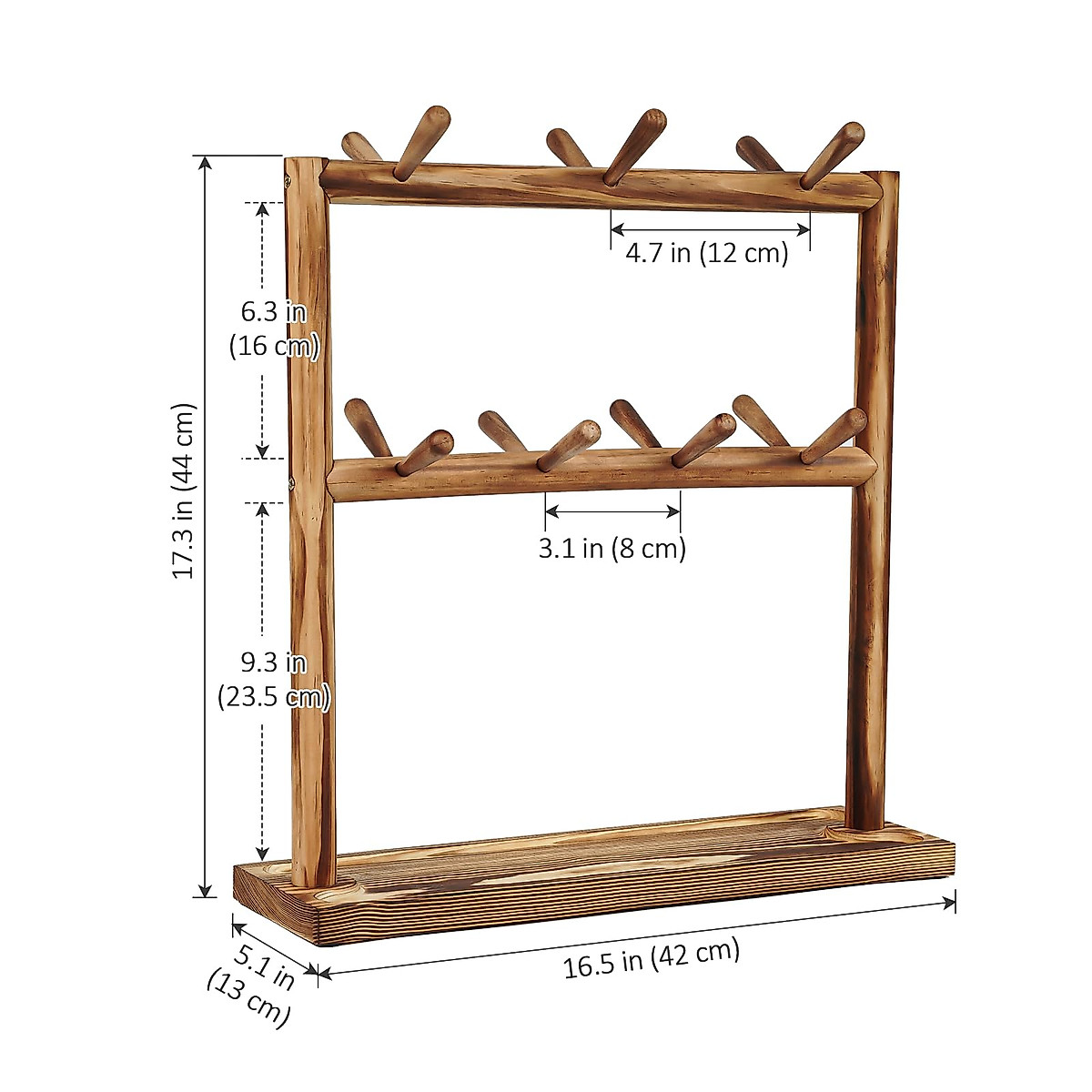 Puricon Mug Holder Coffee Cup Shelf for Counter, 2 Tier Wood Mug Tree Stand Organizer with 14 Sturdy Hooks and Storage Base, Double Sides Tea Cups Display Rack for Large and Small Mugs -Oak