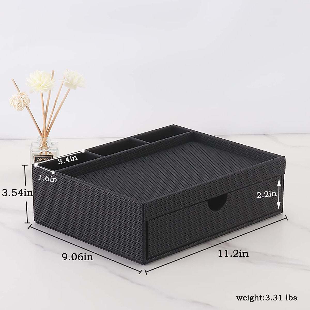 SYRWDXTX Leather Desk Organizer With Drawers, Home Cosmetics Organizer, Phone Remote Organizer, Drawer Plus Divider & Tray (black)