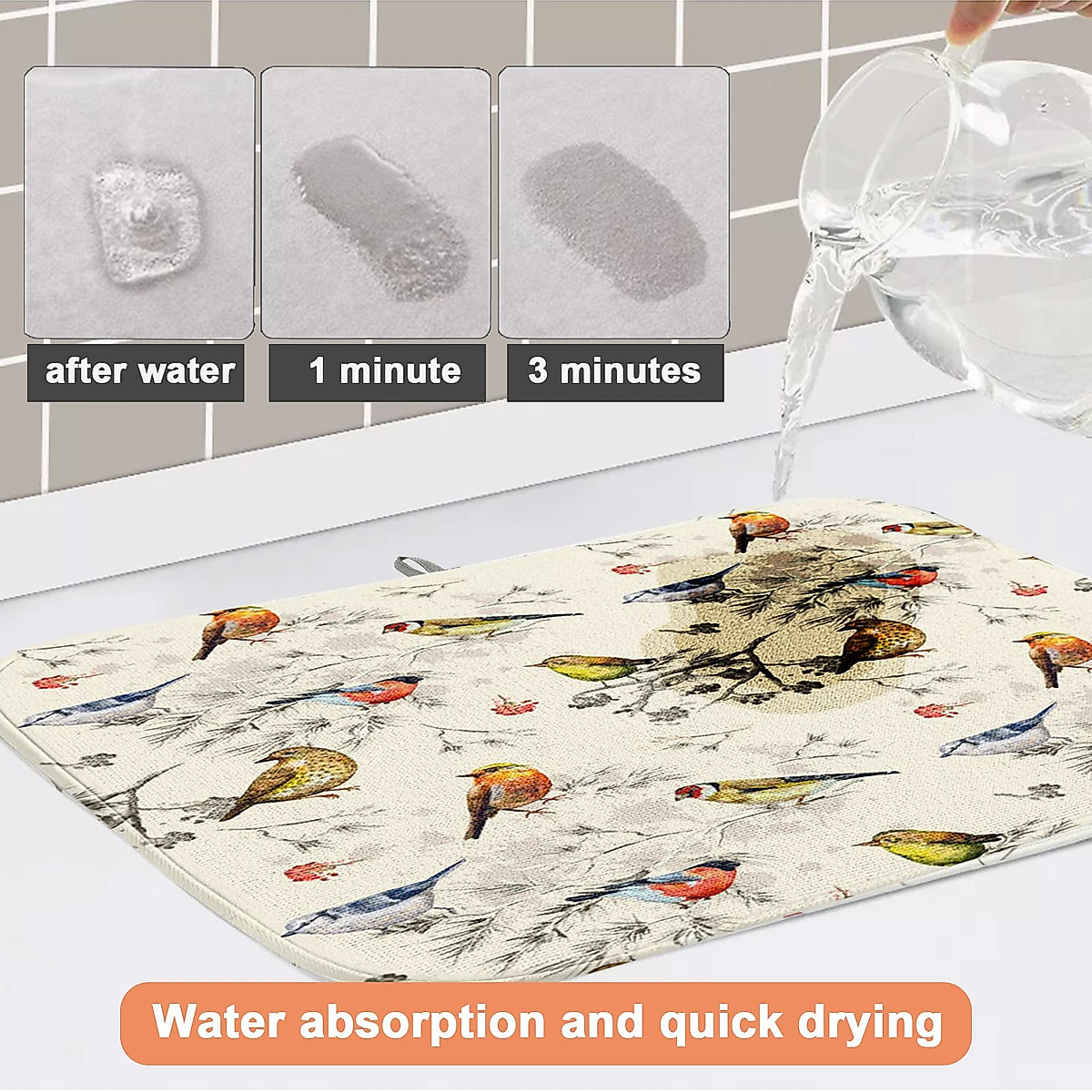 Dish Drying Mat for Kitchen Counter Tree Watercolor Bird Floral Cute Print Drainer Mats Rack Holder Countertop Absorbent Microfiber Baby Bottles Coffee Pads 16x18 Inch