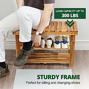 BEEFURNI Acacia Shoe Rack Bench, 3-Tier Sturdy Shoe Storage Bench, Wooden Shoe Organizer, 300 LBS Load Capacity, Perfect for Closet Entryway Bathroom, 1-Year Manufacturer Warranty, Natural Acacia