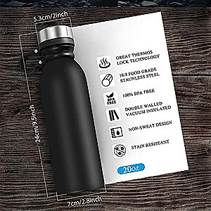 cocomum Stainless Steel Water Bottle|20 oz Vacuum Insulated Water Bottle|Insulated Double Wall Water Bottle Keep Hot & Cold,Leak Proof Sports Bottle,Wide Mouth Lids with Finger Belt-Black