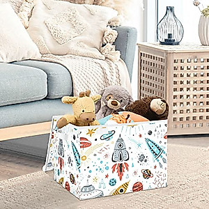 Kigai Cartoon Rocket Planet Star Storage Bin, Storage Baskets with Lids Large Organizer Collapsible Storage Bins Cube for Bedroom, Shelves, Closet, Home, Office 16.5 X 12.6 X 11.8 Inch