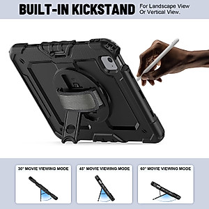 iPad Air 5/4 Case 10.9'' 2022/2020, iPad Pro 11 Case 2021/2020/2018, [Kid Proof] Ambison Full Body Protective Case with 9H Tempered Glass Screen Protector, 360° Rotatable Kickstand/Hand Strap (Black)