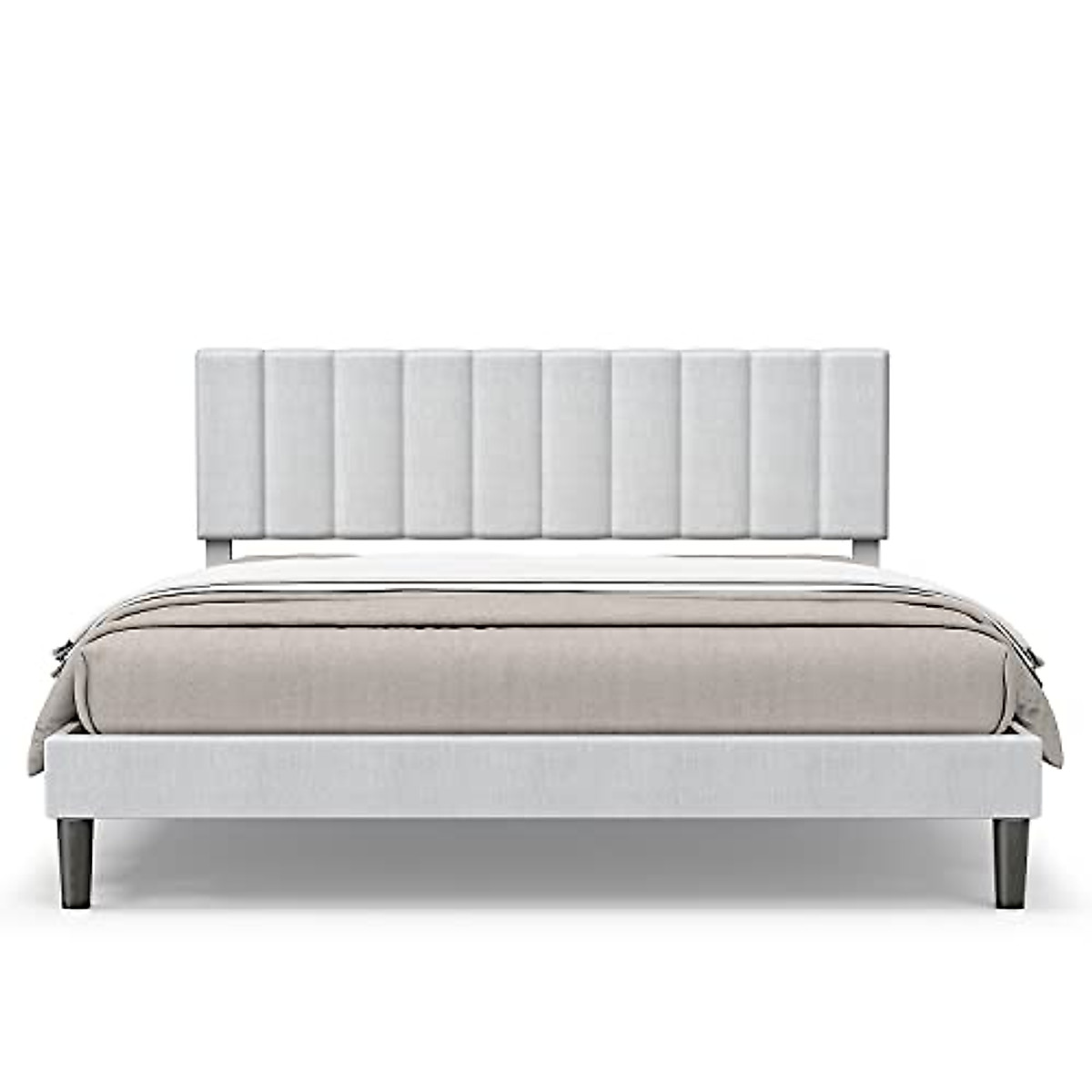 BONSOIR King Size Bed Frame Modern Vertical Panel Upholstered Low Profile Platform with Tufted Headboard/No Box Spring Needed/No Bed Skirt Needed/Linen Fabric Upholstery/Light Grey