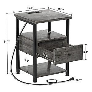 Ecoprsio Nightstand Set of 2, Nightstands with Charging Station, End Table Bedside Table with USB Port, Modern Nightstands with Drawers Storage Shelf, Wood Night Stands for Bedroom, Living Room, Grey