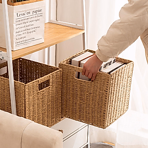 Foldable Storage Baskets with Handles Paper Rope Storage Baskets Rectangle Collapsible Hand Woven Storage Cubes Bins for Organizing Shelves Living Room Bedroom Pantry (4, 13'' x 13'' x 13'')