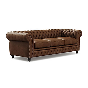 Valencia Parma 92" Leather Chesterfield Sofa | Full-Aniline 3 Seats Italian Leather Couch | Artisan Crafted Nailheads | Mid Century Classic Design - Leather Sofa, Chocolate
