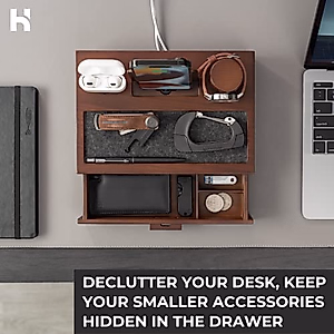 Nightstand Organizer For Men - Wood Phone Docking Station to Charge Your Phone & Earbuds - Wood Charging Station with Lined Tray & Drawer - Mens Docking Station - Gifts for Dad Birthday Gifts for Men