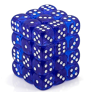 Chessex Dice d6 Sets: Blue with White Translucent - 12mm Six Sided Die (36) Block of Dice
