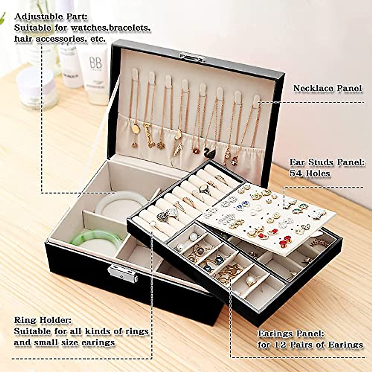 SYCARON 2023 Upgraded Jewelry Organizer Box for Women Girls, Large Travel Jewellry Organizer Case 2 Layer PU Leather Soft Lining with Lock for Rings Earrings Necklace Bracelets, Black