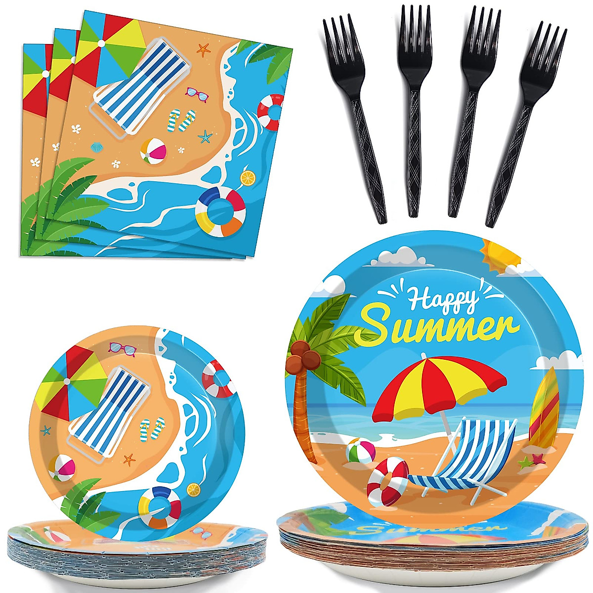 96 Pcs Beach Party Supplies Paper Plates Napkins Summer Beach Hawaiian Pool Party Birthday Decorations Favors for Kids Serves 24