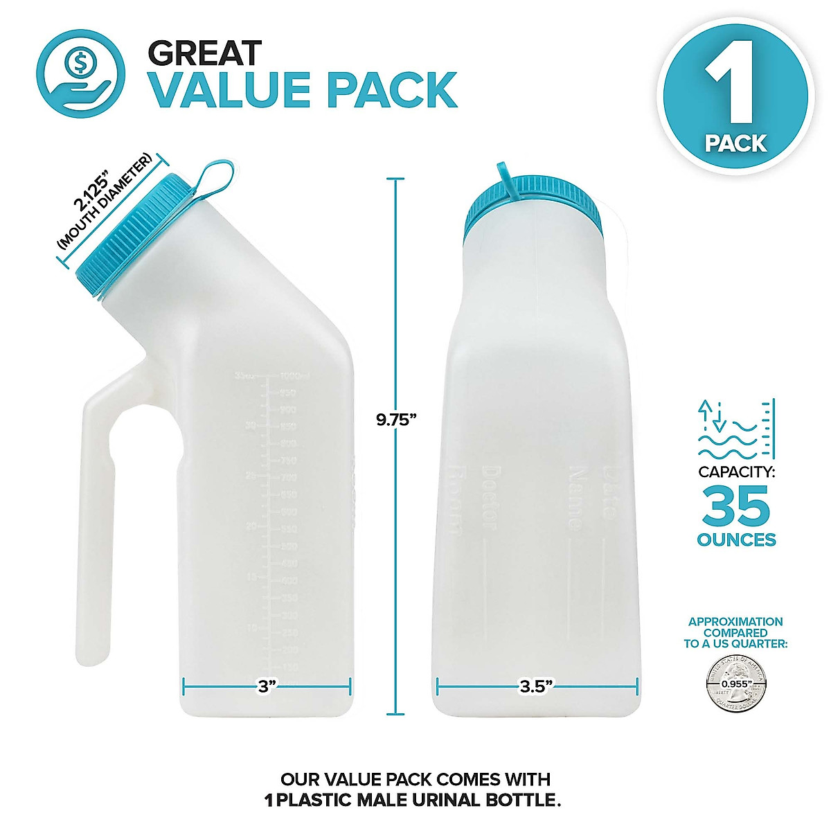 35 oz Male Urinal Bottle- Durable Plastic Urinal Bottle - Portable Urinal Bottle - Urinal Bottle with Leakproof Screw-On Lid - Urinal Bottle with Easy-to-Read Measurement Lines - Stock Your Home