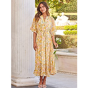 ANRABESS Women's Summer Ruffle Maxi Dress Floral Print 3/4 Bell Sleeve V Neck High Waist Flowy Boho Long Dress 746fenhuang-XL