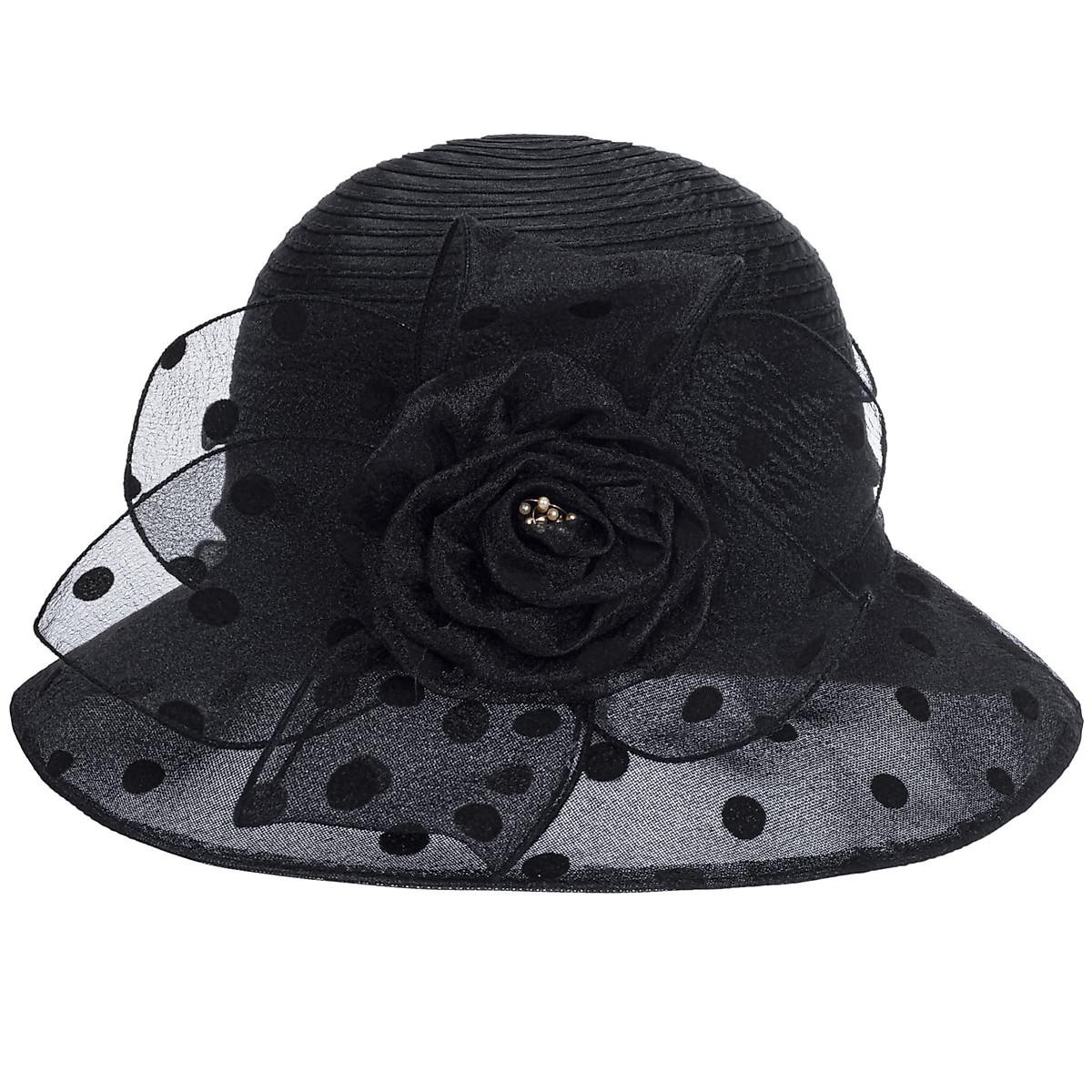 Dots-Organza Flower Band Wide Brim Sun Hat for Women French Straw Party Hat Bridal Wedding Fascinator Black