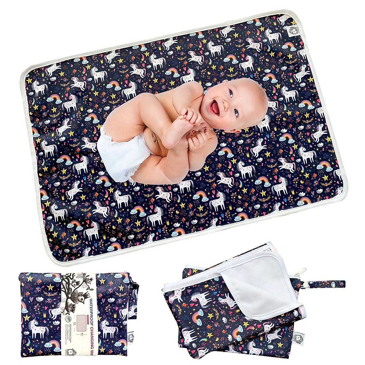 Flockthree Waterproof Baby Diaper Changing Pad with Storage Bag (28.7" X 19.7") Washable Wipeable Reusable Leak Proof Diaper Travel Mat Station Changing Mattress Liner Cribs Bed Cover, Unicorns