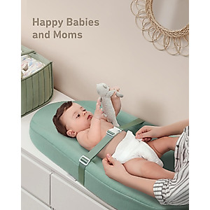 Contoured Changing Pad with Soft & Washable Cover, Waterproof Lining Foam Baby Changing Table Pads for Dresser Top, Secure with Security Strap and Two High Curved Sides, 32”×16”, Sage Green