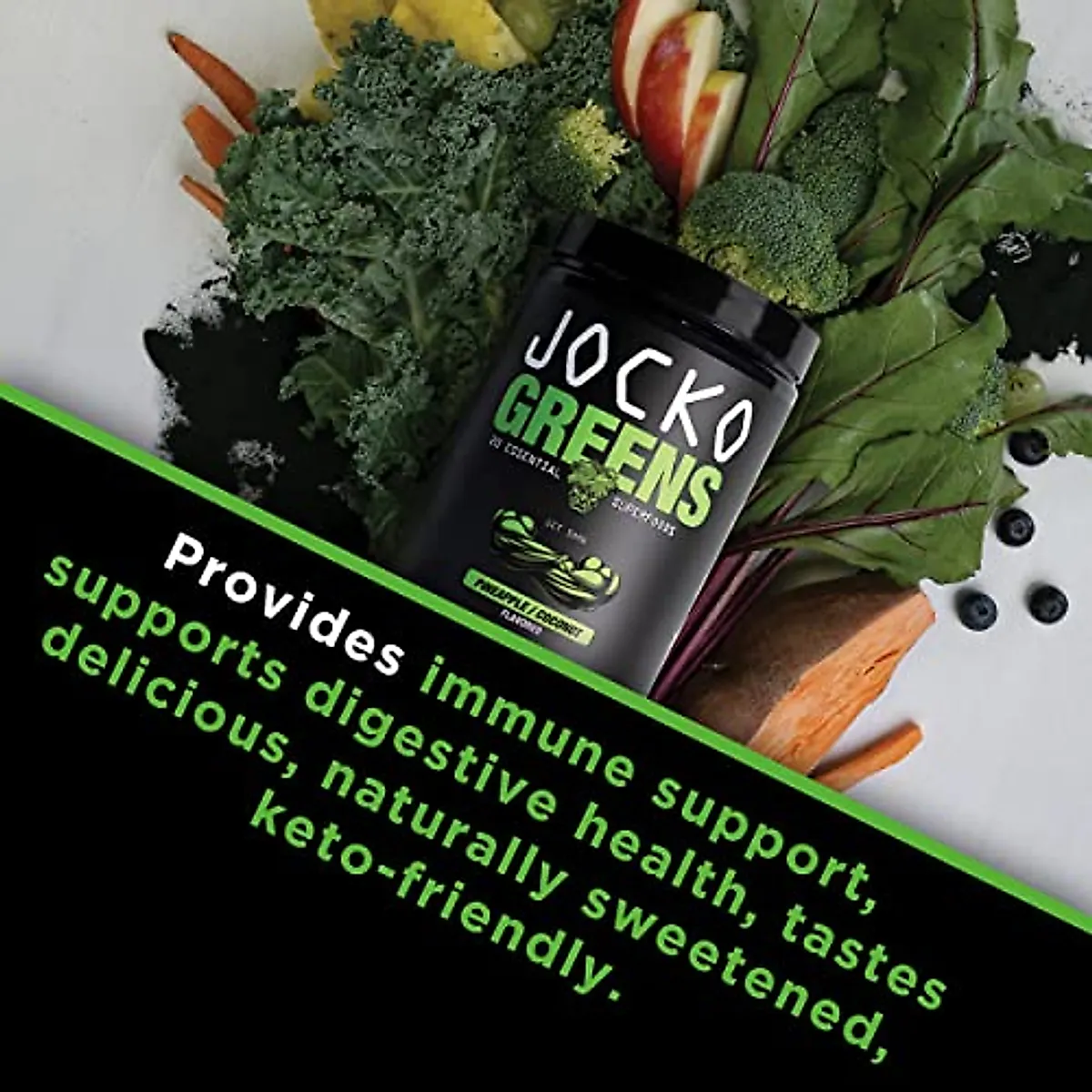 Origin Jocko Greens Powder - Greens & Superfood Powder for Healthy Green Juice - Keto Friendly with Spirulina, Chlorella, Digestive Enzymes, & Probiotics - 30 Servings (Pineapple/Coconut Flavor)