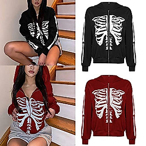 Prreey Women Oversized Fashion Sweatshirt Zip Up Hoodie,Long Sleeve Pullover Casual Pockets Hoodie Skeleton Jacket (E# Red Bone, Small)