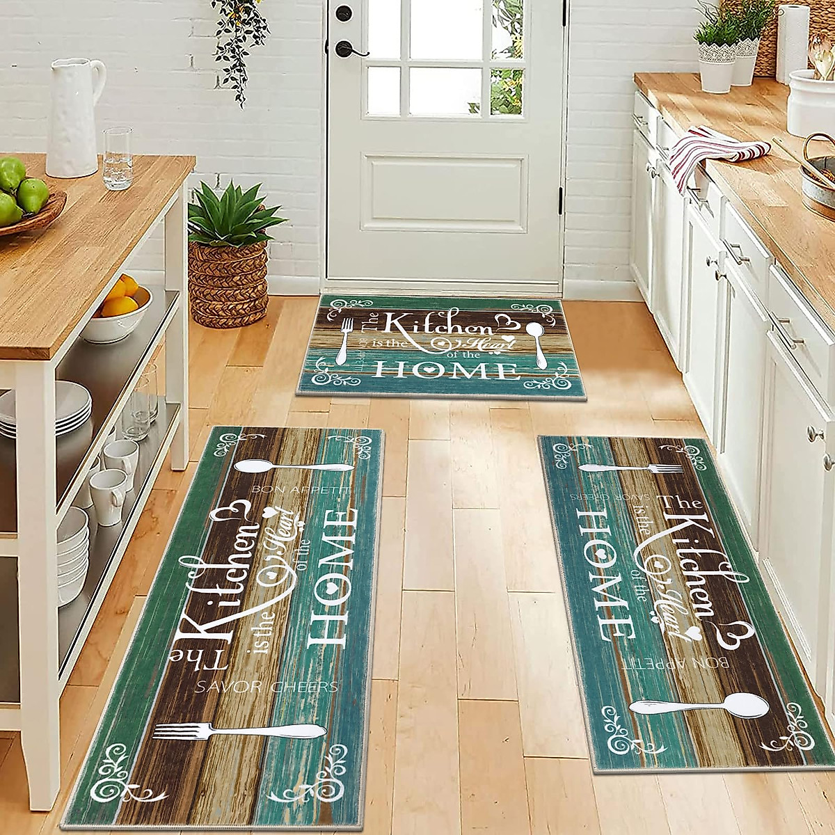 Vaukki Boho Kitchen Rug Sets 3 Pieces, Washable Kitchen Mats for Floor, Non Slip Soft Kitchen Area Rug Floor Mat for Kitchen, Laundry Room and Hallway (Teal, 20''x32''+20''x47''+20''x59'')