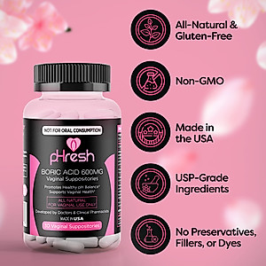 ACE NUTRITION pHresh Boric Acid Suppositories for Women, Suppositories for Odor Use, Natural Feminine Care Supports Vaginal Health & Promotes Healthy pH Balance - Made in USA