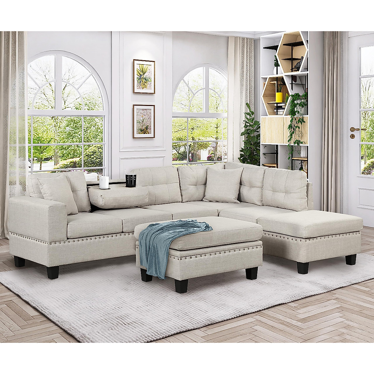 P PURLOVE Sectional Sofa with Reversible Chaise and 2 Pillows, Linen L-Shaped Sofa with Storage Ottoman and Cup Holders, Sectional Couche Living Room Furniture Sets (Light Gray)