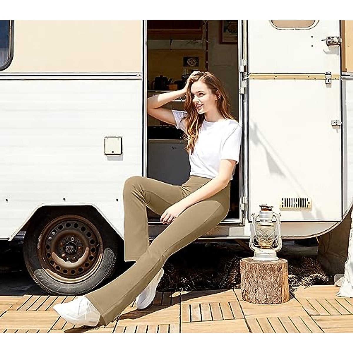 IUGA Bootcut Yoga Pants with Pockets for Women High Waist Workout Bootleg Pants Tummy Control, 4 Pockets Work Pants for Women Khaki