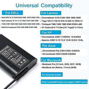 65W USB-C Charger for Dell XPS 13 9300 7390 9350 9360 9365 9370 9380,Latitude 7400 7480 7490 7389 7370 7275 5300 5400 5290 5480 5580 5490 5590,Chromebook 3100 3400 3380 5190 2-in-1 Laptop AC Adapter