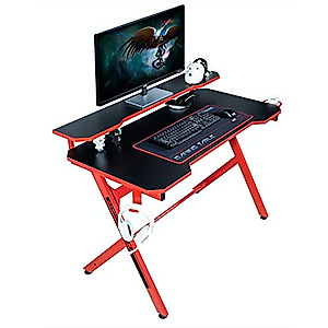 JJS 48" Home Office Gaming Computer Desk with Removable Monitor Stand, R Shaped Large Gamer Workstation PC Table with Cup Holder Headphone Hook Speaker Storage Free Mouse pad, Black/Red