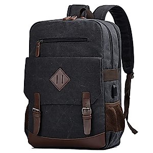 Canvas Vintage Laptop Backpack for Women Men, College Computer Bookbag Fits 17.3 Inch Laptop (Black)
