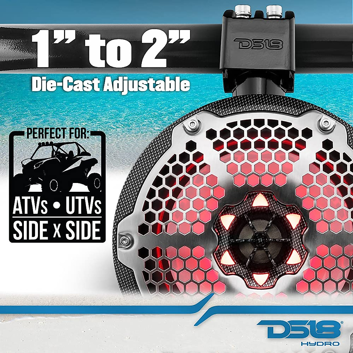 DS18 Hydro CF-X8TP 8" Marine Towers with Integrated RGB LED Lights - High Performance, Marine Grade IP65 Rated, UV Stable, 375 W Max 125 W RMS 4 Ohms (Pair)