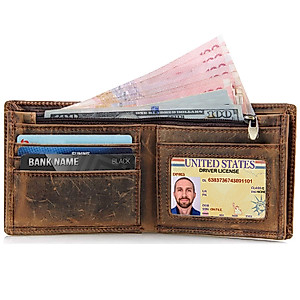 HRS Genuine Leather Wallets for Men-Handmade Vintage Italian Distressed Large Bifold Men's Wallet with RFID Blocking ID Window and Zipper