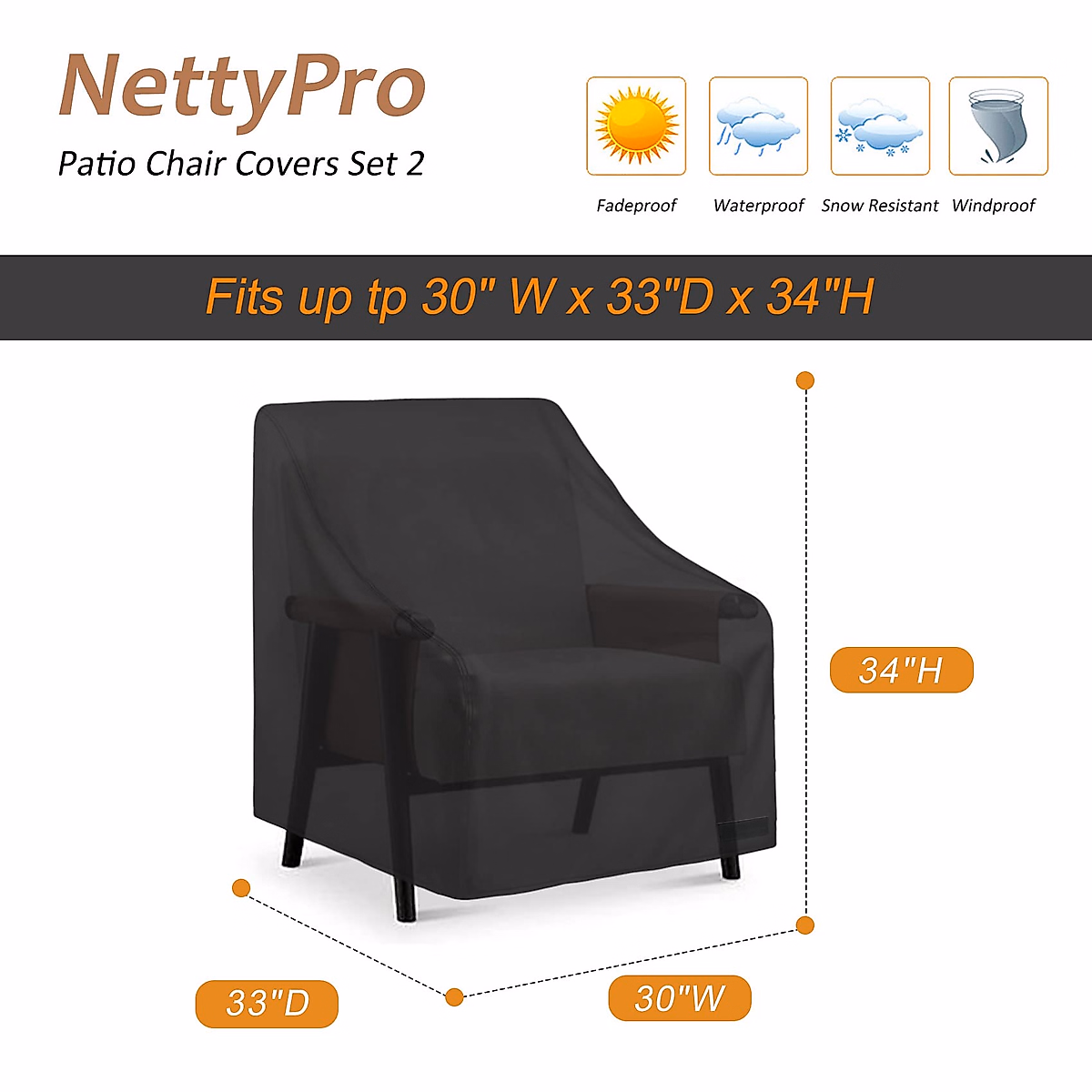 NettyPro Patio Adirondack Chair Cover Waterproof Outdoor Furniture Swivel Recliner Rocking Lounge Deep Seat Chair Cover, Fits up to 30" W x 33" D x 34" H, 2 Pack, Black