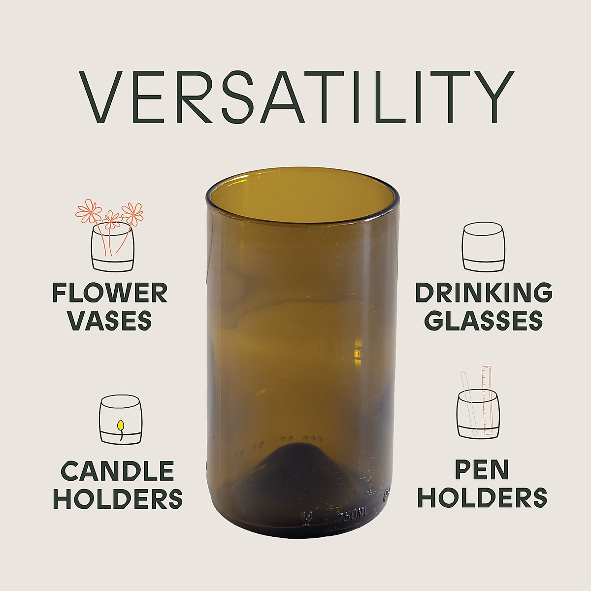 IWAS Upcycled Olive Drinking Glasses | 400 ML | 13.53 OZ | Set of 6 | Sustainable Water Glasses | Environmentally Friendly Dark Brown Glasses For Home