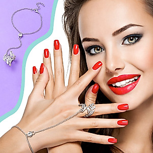 6 Pieces Finger Ring Bracelet Linked Rhinestone Hand Harness Chain Slave Bracelet with Ring Everyday Jewelry for Women Girls (Simple)