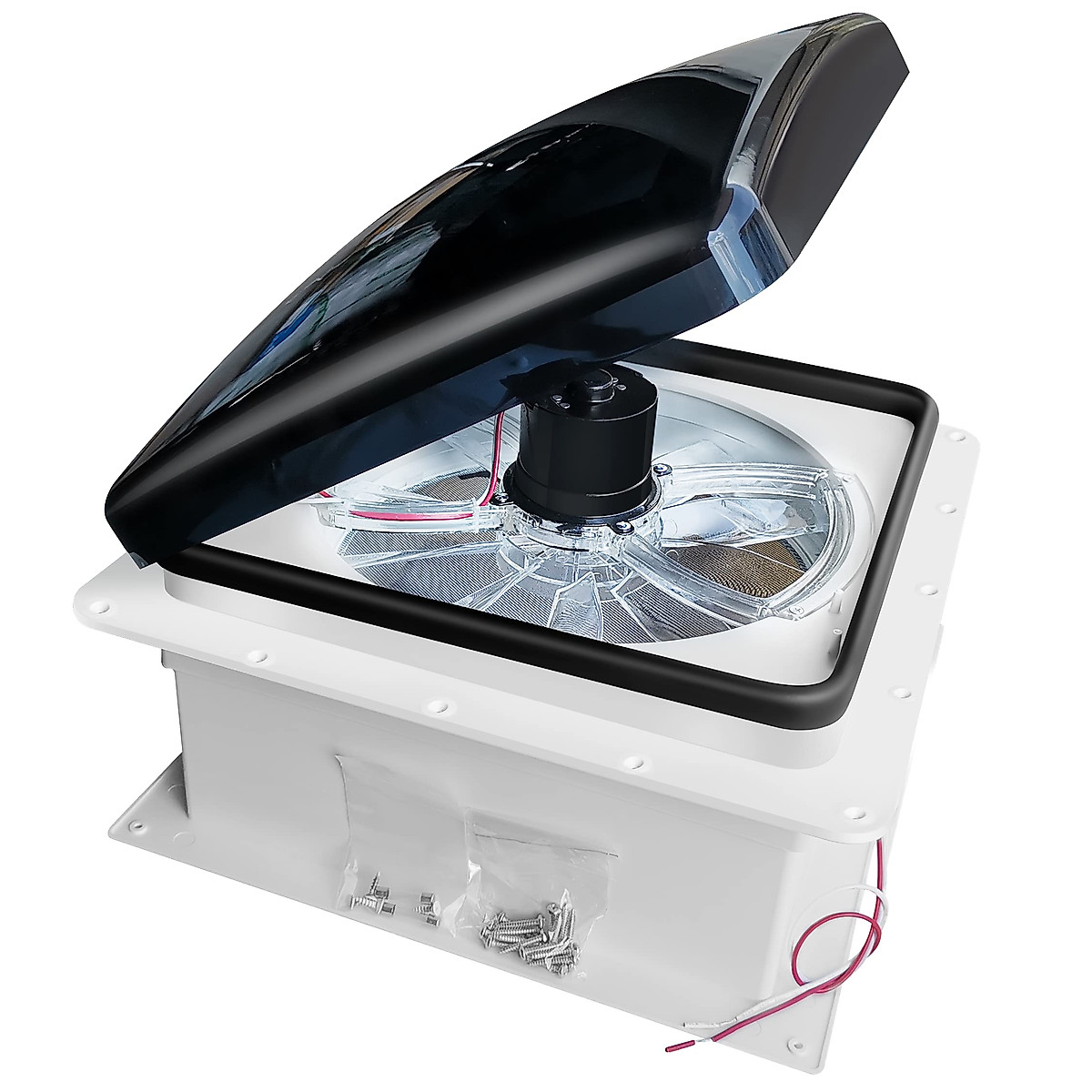 RVLOVENT 12V RV Roof Fan Vent 14'' 3 Speed Reversible Manual Lift Trailer Camper Van Lid (Smoke)…