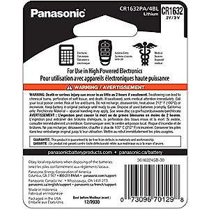 Panasonic CR1632 3.0 Volt Long Lasting Lithium Coin Cell Batteries in Child Resistant, Standards Based Packaging, 4-Battery Pack