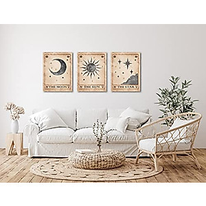 Tarot Canvas Prints Wall Art, Wiccan Art Wall Decor, Astrology Wall Decor, The Sun, Moon and Star Tarot Aesthetic Bohemian Wall Art, Celestial Canvas Prints, Mystical Home Decor, Astrology Posters Framed Ready to Hang